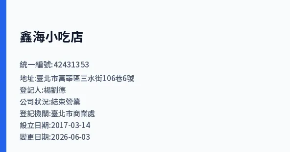 鑫海小吃店的照片-統編 42431353(臺北市) 公司登記資料與營業項目詳細圖表