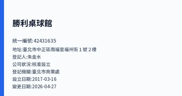 勝利桌球館的照片-統編 42431635(臺北市) 公司登記資料與營業項目詳細圖表