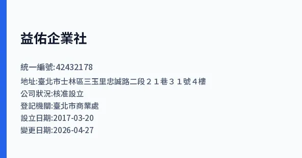 益佑企業社的照片-統編 42432178(臺北市) 公司登記資料與營業項目詳細圖表