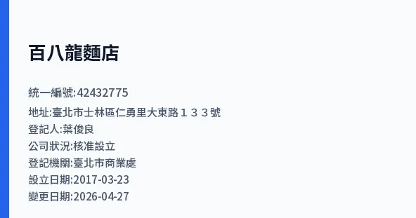 百八龍麵店的照片-統編 42432775(臺北市) 公司登記資料與營業項目詳細圖表