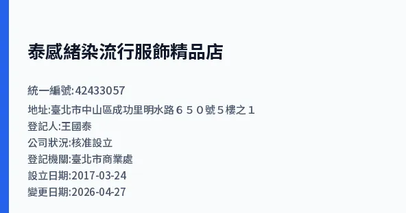 泰感緒染流行服飾精品店的照片-統編 42433057(臺北市) 公司登記資料與營業項目詳細圖表