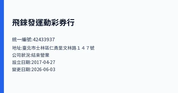 飛錸發運動彩券行的照片-統編 42433937(臺北市) 公司登記資料與營業項目詳細圖表