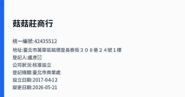 菇菇莊商行的照片-統編 42435512(臺北市) 公司登記資料與營業項目詳細圖表