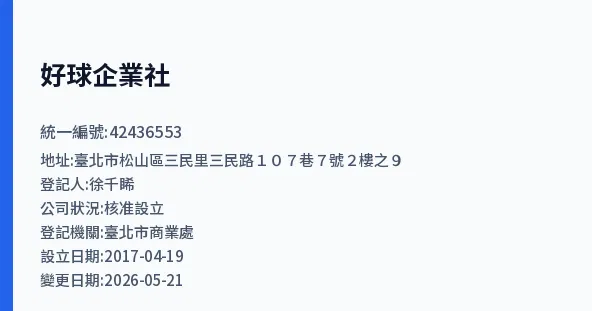 好球企業社的照片-統編 42436553(臺北市) 公司登記資料與營業項目詳細圖表