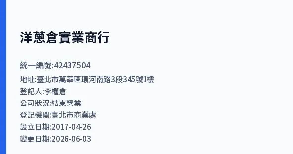 洋蔥倉實業商行的照片-統編 42437504(臺北市) 公司登記資料與營業項目詳細圖表