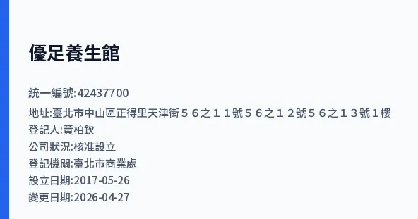 優足養生館的照片-統編 42437700(臺北市) 公司登記資料與營業項目詳細圖表