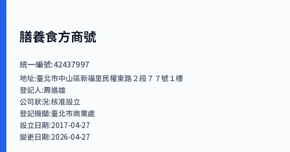 膳養食方商號的照片-統編 42437997(臺北市) 公司登記資料與營業項目詳細圖表