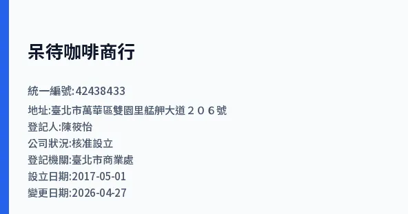 呆待咖啡商行的照片-統編 42438433(臺北市) 公司登記資料與營業項目詳細圖表