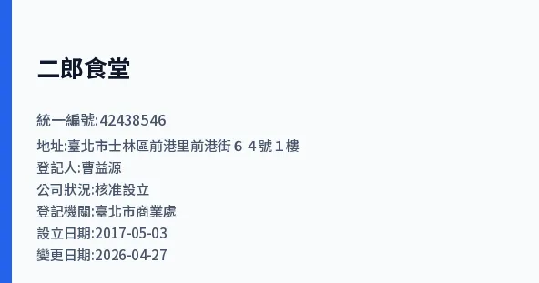二郎食堂的照片-統編 42438546(臺北市) 公司登記資料與營業項目詳細圖表