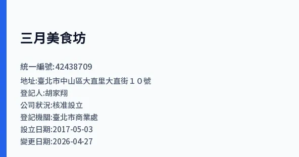 三月美食坊的照片-統編 42438709(臺北市) 公司登記資料與營業項目詳細圖表