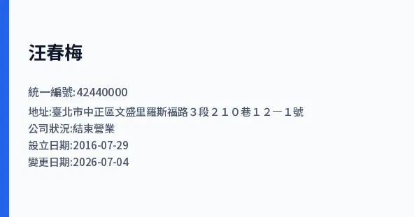 汪春梅的照片-統編 42440000(臺北市) 公司登記資料與營業項目詳細圖表