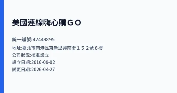 美國連線嗨心購GO的照片-統編 42449895(臺北市) 公司登記資料與營業項目詳細圖表