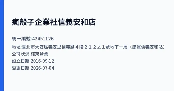 瘋殼子企業社信義安和店的照片-統編 42451126(臺北市) 公司登記資料與營業項目詳細圖表