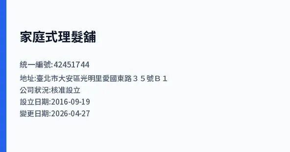 家庭式理髮舖的照片-統編 42451744(臺北市) 公司登記資料與營業項目詳細圖表