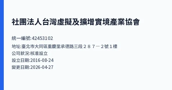 社團法人台灣虛擬及擴增實境產業協會的照片-統編 42453102(臺北市) 公司登記資料與營業項目詳細圖表