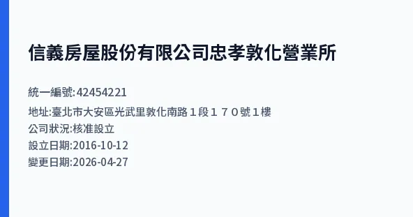 信義房屋股份有限公司忠孝敦化營業所的照片-統編 42454221(臺北市) 公司登記資料與營業項目詳細圖表