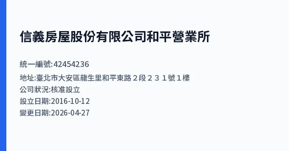 信義房屋股份有限公司和平營業所的照片-統編 42454236(臺北市) 公司登記資料與營業項目詳細圖表
