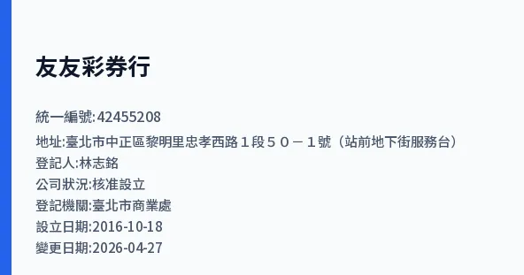 友友彩券行的照片-統編 42455208(臺北市) 公司登記資料與營業項目詳細圖表