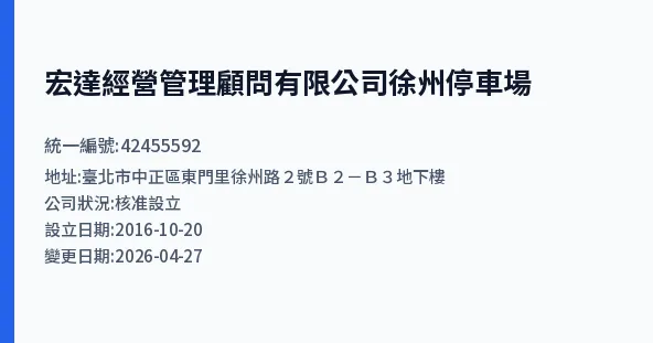 宏達經營管理顧問有限公司徐州停車場的照片-統編 42455592(臺北市) 公司登記資料與營業項目詳細圖表