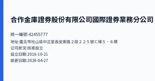 合作金庫證券股份有限公司國際證券業務分公司的照片-統編 42455777(臺北市) 公司登記資料與營業項目詳細圖表