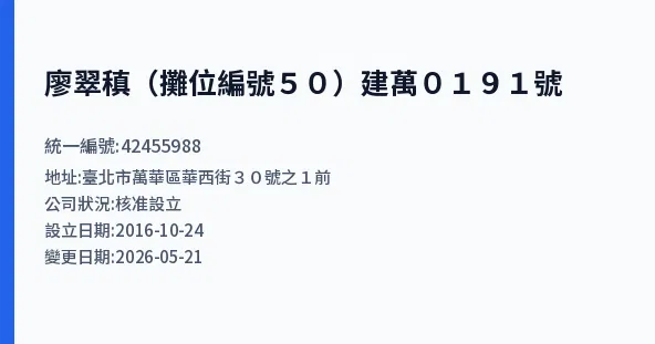 廖翠稹(攤位編號50)建萬0191號的照片-統編 42455988(臺北市) 公司登記資料與營業項目詳細圖表