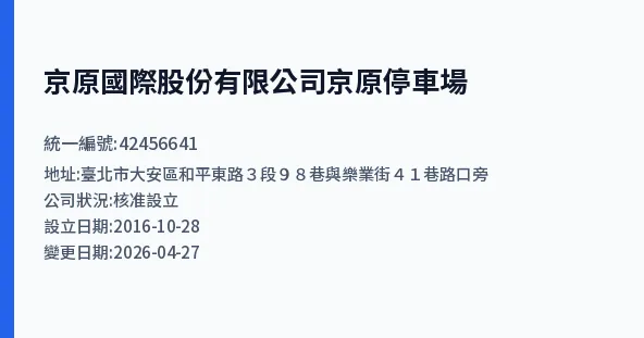 京原國際股份有限公司京原停車場的照片-統編 42456641(臺北市) 公司登記資料與營業項目詳細圖表