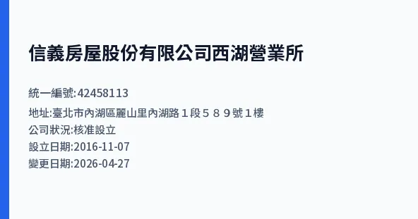 信義房屋股份有限公司西湖營業所的照片-統編 42458113(臺北市) 公司登記資料與營業項目詳細圖表