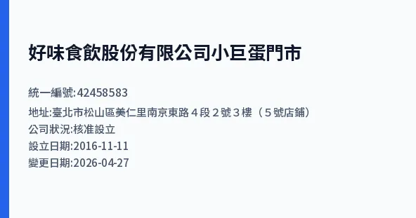 好味食飲股份有限公司小巨蛋門市的照片-統編 42458583(臺北市) 公司登記資料與營業項目詳細圖表