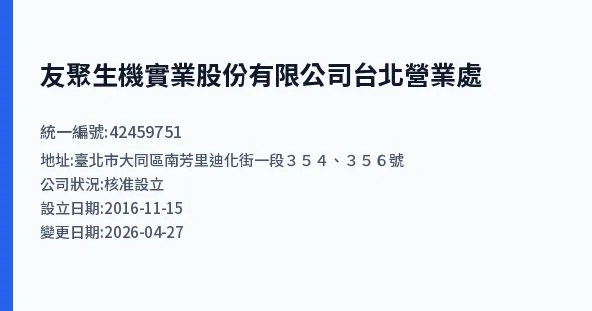 友聚生機實業股份有限公司台北營業處的照片-統編 42459751(臺北市) 公司登記資料與營業項目詳細圖表