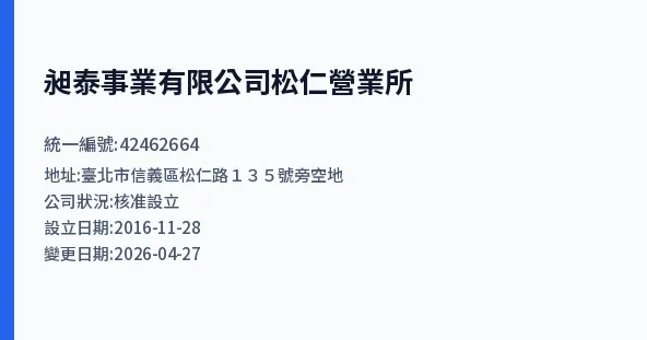 昶泰事業有限公司松仁營業所的照片-統編 42462664(臺北市) 公司登記資料與營業項目詳細圖表