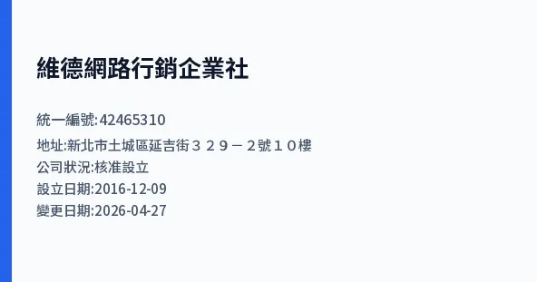 維德網路行銷企業社的照片-統編 42465310(新北市) 公司登記資料與營業項目詳細圖表