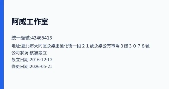 阿威工作室的照片-統編 42465418(臺北市) 公司登記資料與營業項目詳細圖表