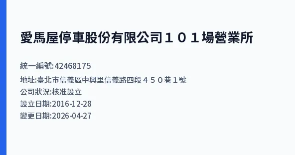 愛馬屋停車股份有限公司101場營業所的照片-統編 42468175(臺北市) 公司登記資料與營業項目詳細圖表