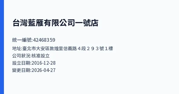 台灣藍雁有限公司一號店的照片-統編 42468359(臺北市) 公司登記資料與營業項目詳細圖表
