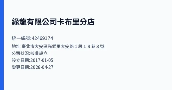 緣龍股份有限公司卡布里分店的照片-統編 42469174(臺北市) 公司登記資料與營業項目詳細圖表