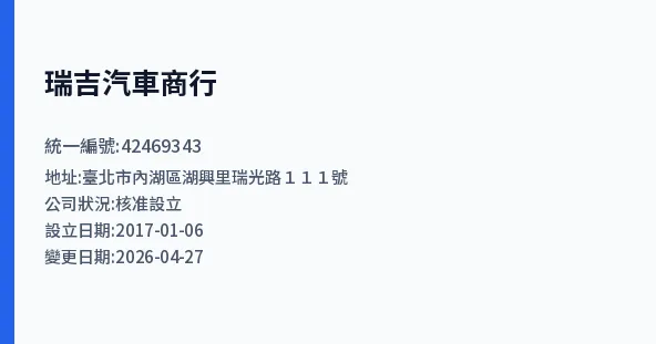 瑞吉汽車商行的照片-統編 42469343(臺北市) 公司登記資料與營業項目詳細圖表