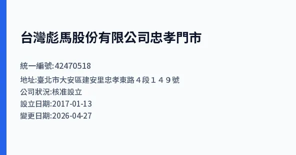 台灣彪馬股份有限公司忠孝門市的照片-統編 42470518(臺北市) 公司登記資料與營業項目詳細圖表