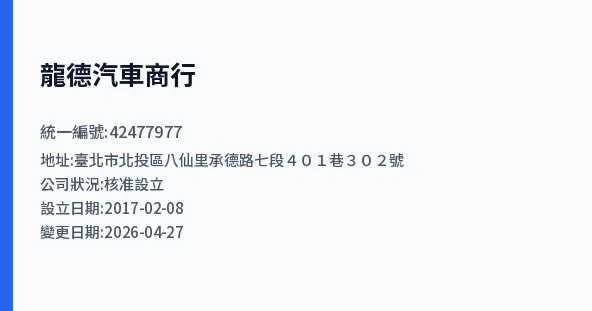 龍德汽車商行的照片-統編 42477977(臺北市) 公司登記資料與營業項目詳細圖表