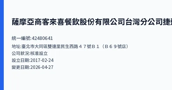 薩摩亞商客來喜餐飲股份有限公司台灣分公司捷運雙連門市的照片-統編 42480641(臺北市) 公司登記資料與營業項目詳細圖表