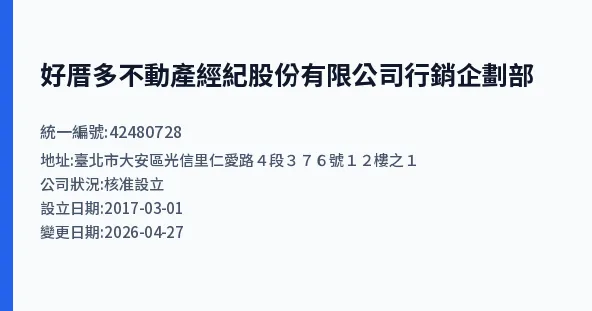 好厝多不動產經紀股份有限公司行銷企劃部的照片-統編 42480728(臺北市) 公司登記資料與營業項目詳細圖表