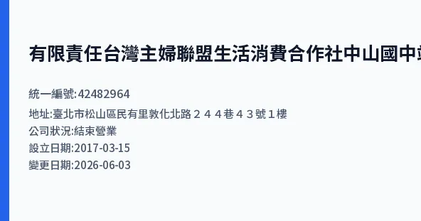 有限責任台灣主婦聯盟生活消費合作社中山國中站的照片-統編 42482964(臺北市) 公司登記資料與營業項目詳細圖表