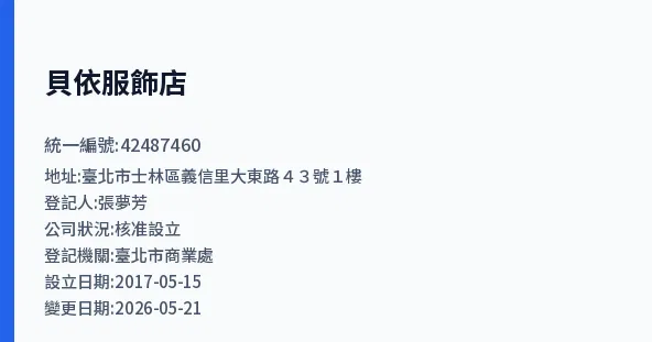 貝依服飾店的照片-統編 42487460(臺北市) 公司登記資料與營業項目詳細圖表