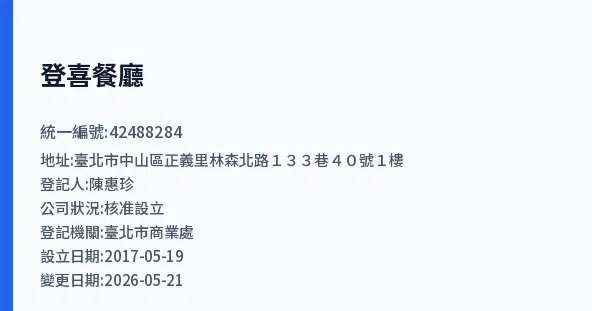 登喜餐廳的照片-統編 42488284(臺北市) 公司登記資料與營業項目詳細圖表