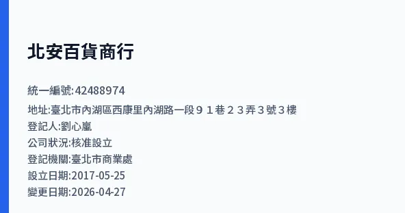 北安百貨商行的照片-統編 42488974(臺北市) 公司登記資料與營業項目詳細圖表