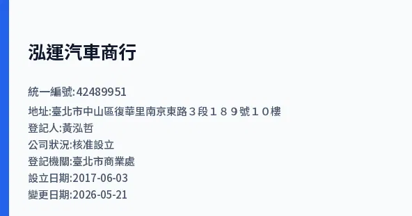 泓運汽車商行的照片-統編 42489951(臺北市) 公司登記資料與營業項目詳細圖表