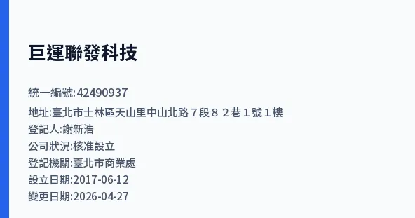 巨運聯發科技的照片-統編 42490937(臺北市) 公司登記資料與營業項目詳細圖表