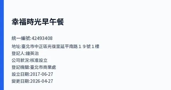 幸福時光早午餐的照片-統編 42493408(臺北市) 公司登記資料與營業項目詳細圖表