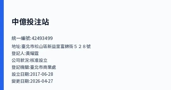 中億投注站的照片-統編 42493499(臺北市) 公司登記資料與營業項目詳細圖表
