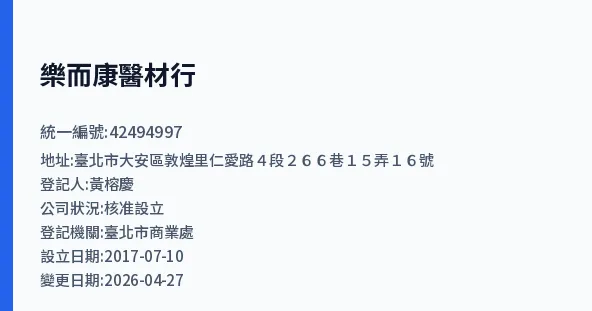 樂而康醫材行的照片-統編 42494997(臺北市) 公司登記資料與營業項目詳細圖表