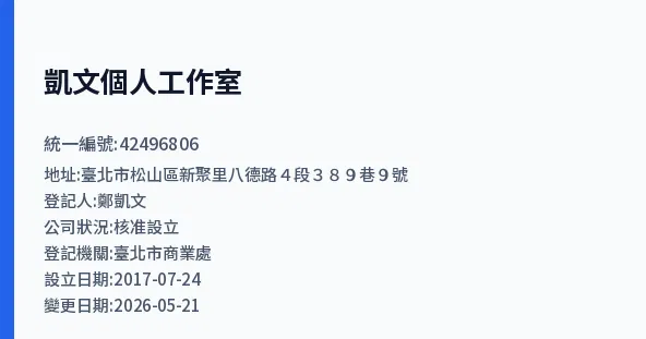 凱文個人工作室的照片-統編 42496806(臺北市) 公司登記資料與營業項目詳細圖表